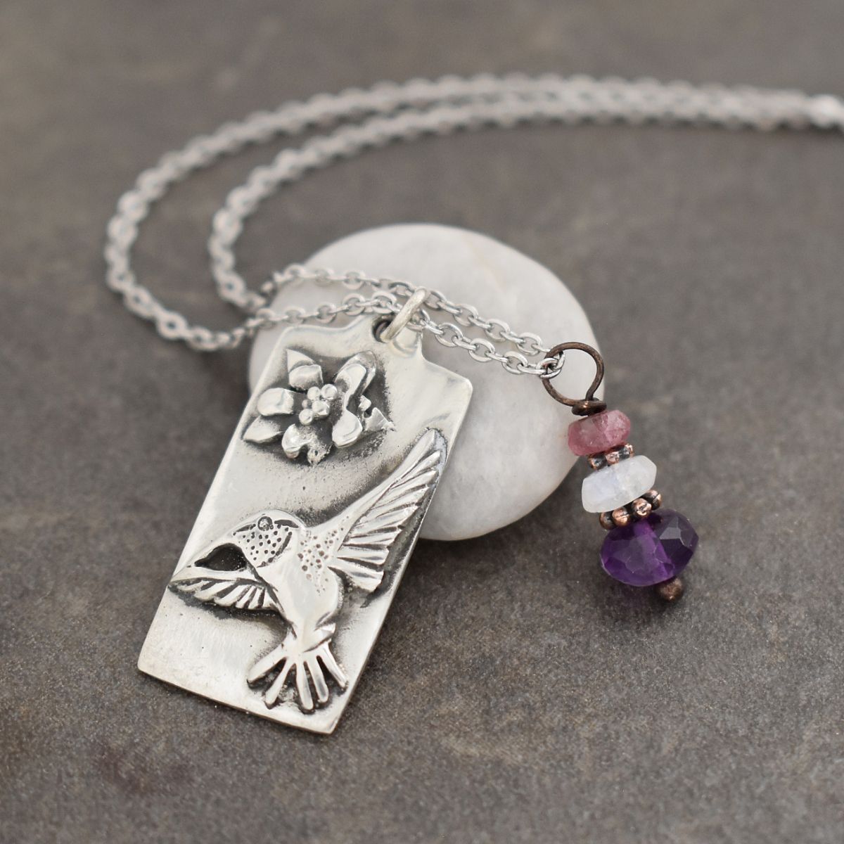 Hummingbird & Flower Necklace - Wild Hare Gems