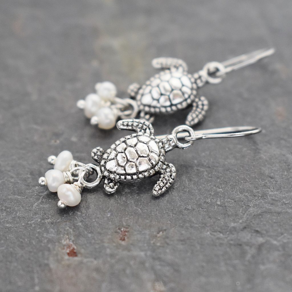 Sea Turtle & Pearl Earrings - Wild Hare Gems